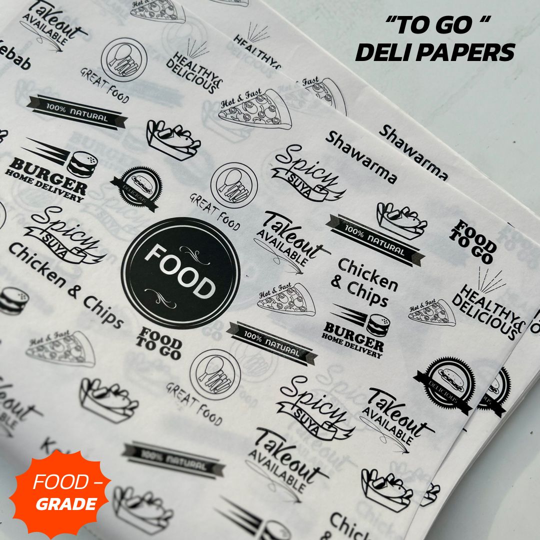 DELI PAPERS - “FOOD TO GO” / BLACK & WHITE - 3 SIZES - Paper Packs NG ...